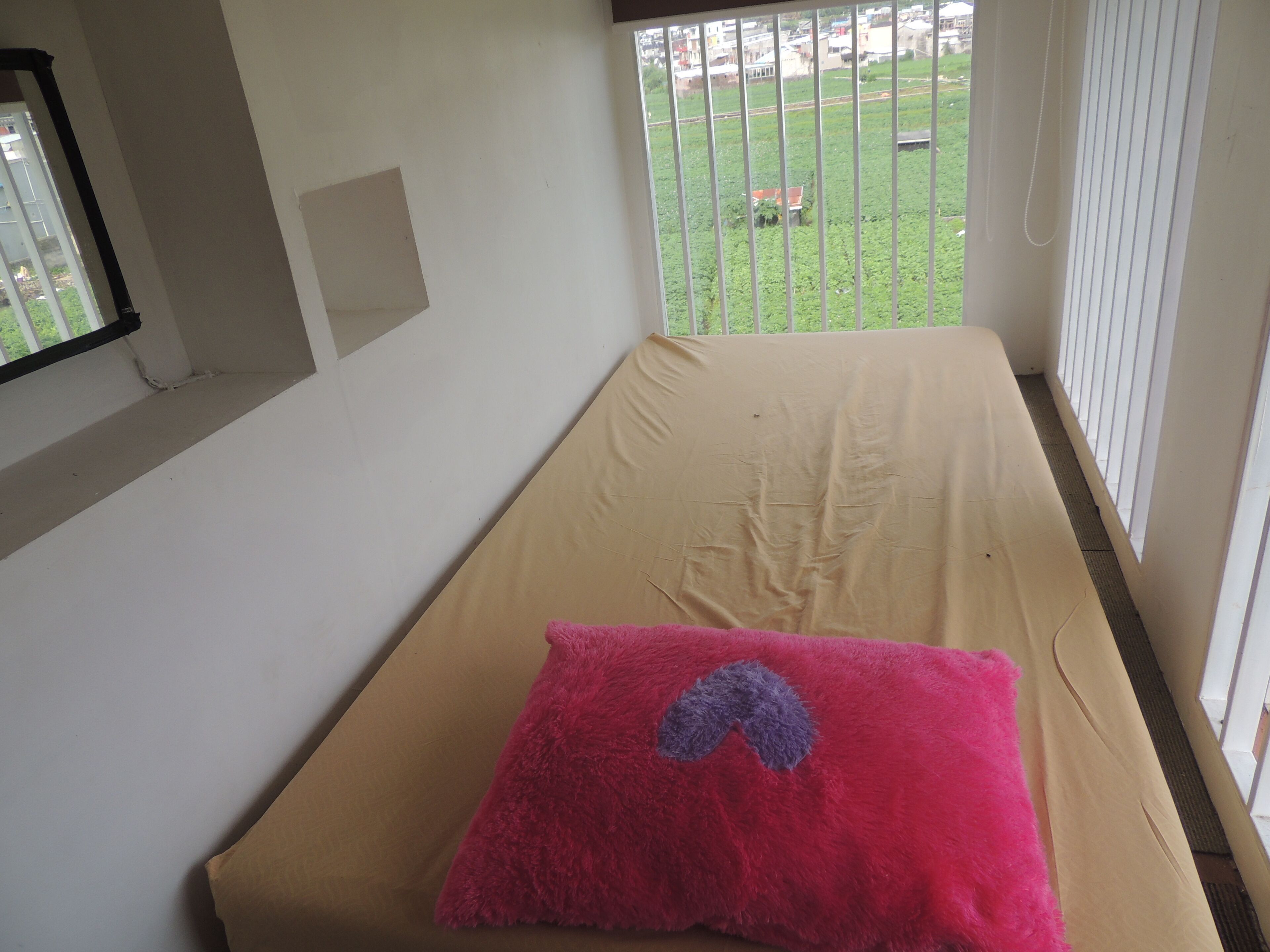 Quarto pequeno com uma cama de solteiro e janela com vista para uma área gramada.
