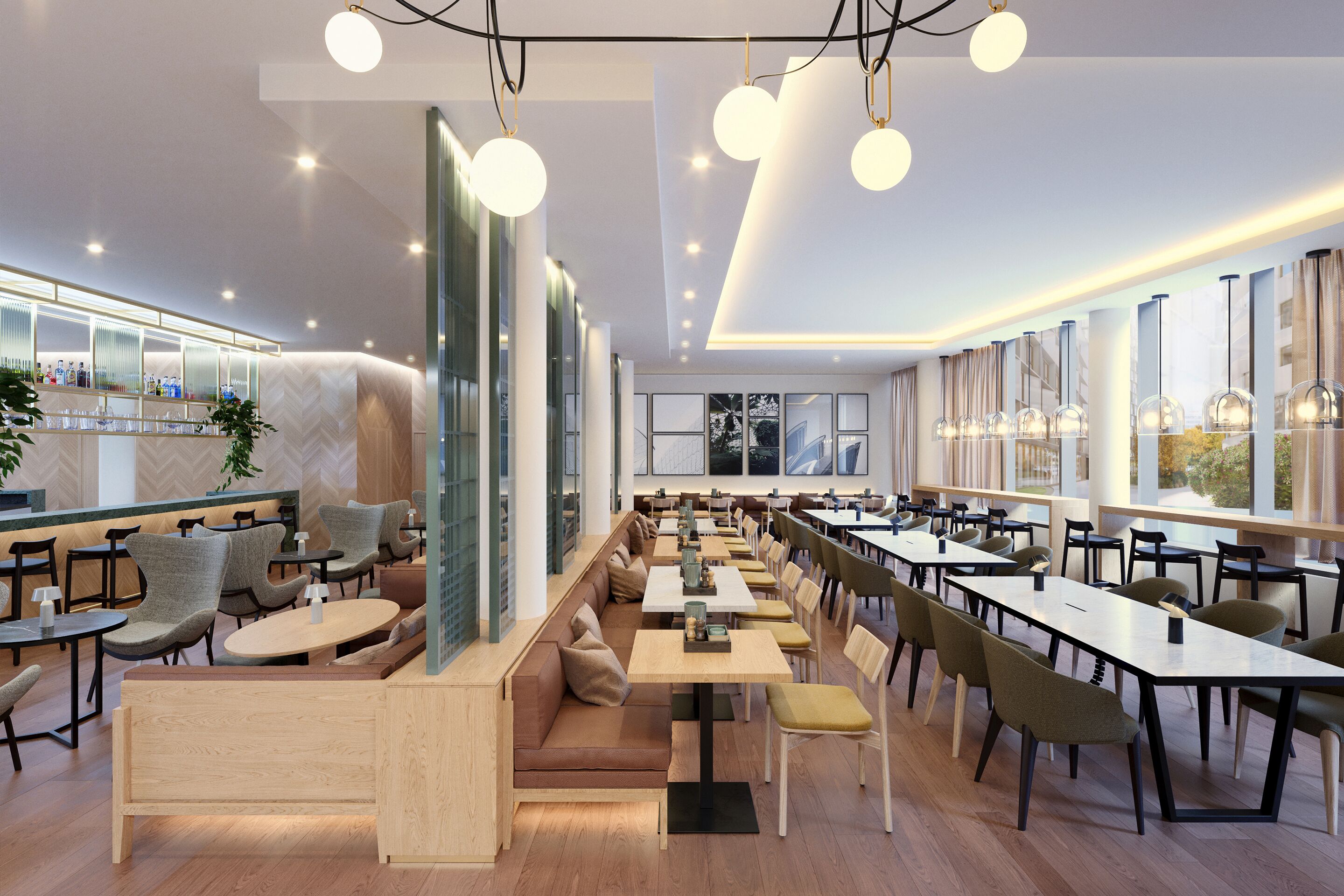 Um restaurante moderno com mesas altas, cabines, janelas amplas e luminárias pendentes.