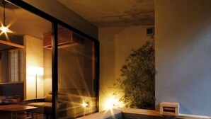 Um interior moderno com uma piscina de madeira, uma área de estar com mesa e uma planta.