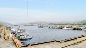Um porto com barcos atracados ao longo dos cais, um calçadão de concreto e edifícios ao fundo.