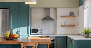 Apartamento Cidade | Cozinha privada | Um frigorífico/congelador grande, um micro-ondas, um forno 