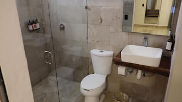 Uma casa de banho moderna com chuveiro em cabine de vidro, sanita branca e toucador de madeira com lavatório.