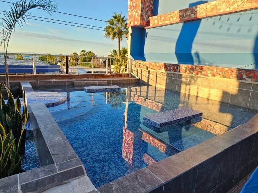 Uma piscina com borda azulejada, rodeada por plantas em vasos e uma parede também revestida de azulejos azuis.