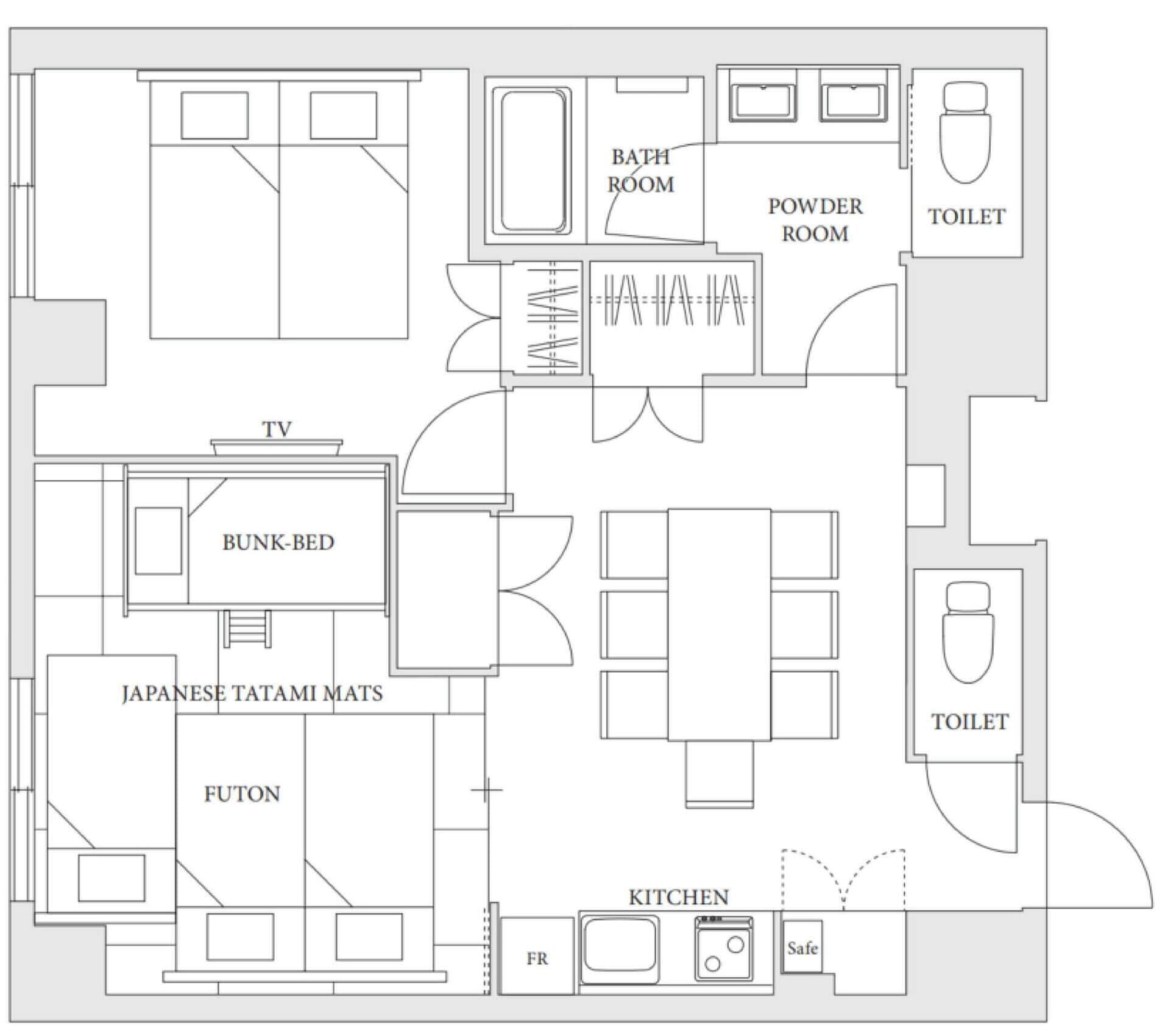 Planta baixa mostrando uma cama de solteiro, tatames japoneses, futon, cozinha, lavabo, banheiro e dois sanitários.
