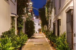 Um caminho de pedra estreito, ladeado por vegetação exuberante e edifícios brancos com varandas, conduzindo a uma porta de madeira.