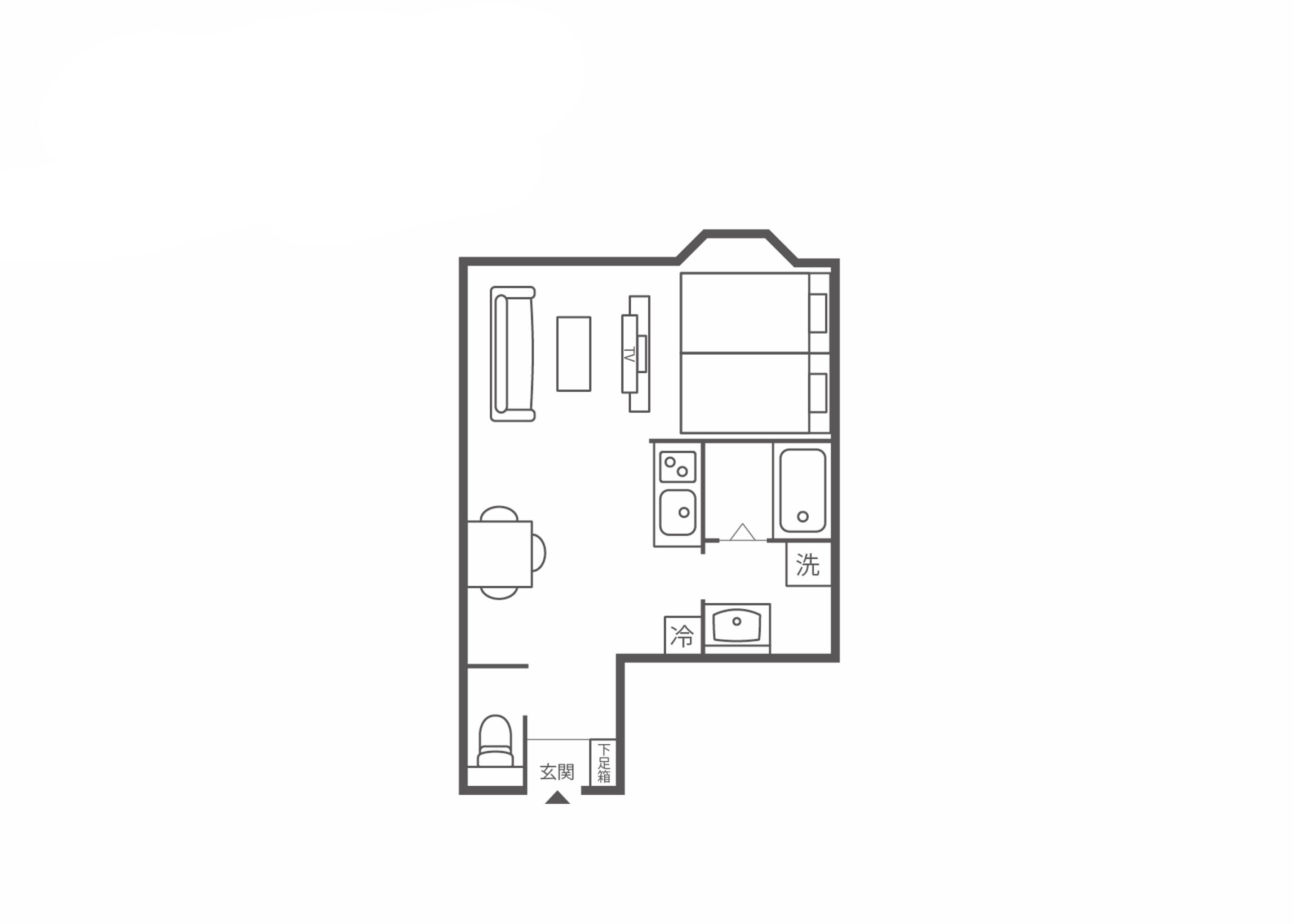 Planta baixa mostrando uma sala de estar, cozinha e banheiro.