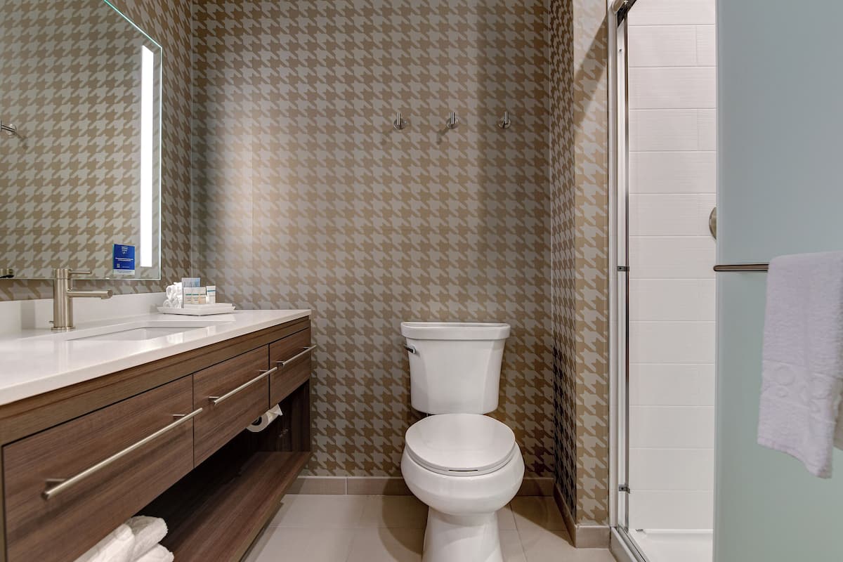 Um secador de cabelo, toalhas fornecidas, sabão, champô