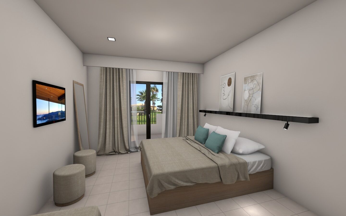 Quarto moderno com cama, cortinas, janela com vista e um quadro pendurado.
