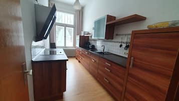 Apartamento Cidade | Cozinha privada | Um frigorífico, um forno, uma placa de cozinha, uma chaleira elétrica