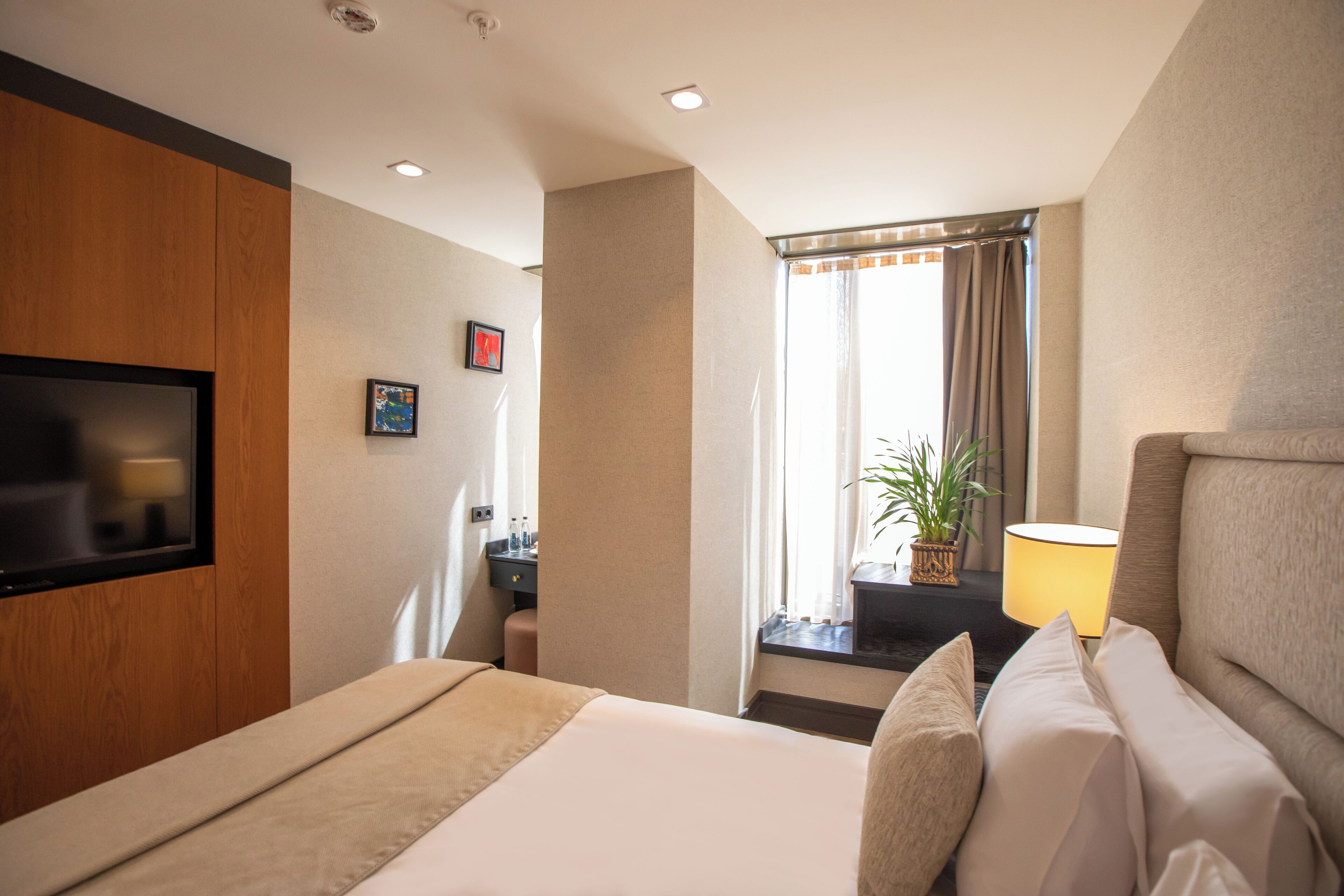 Quarto de hotel com cama, televisão, escrivaninha, janela com cortinas e abajur.
