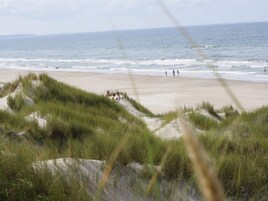 Uma praia com dunas de areia e o oceano ao fundo.