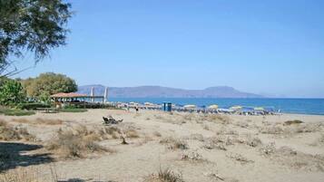 Perto da praia, espreguiçadeiras, guarda-sóis de praia