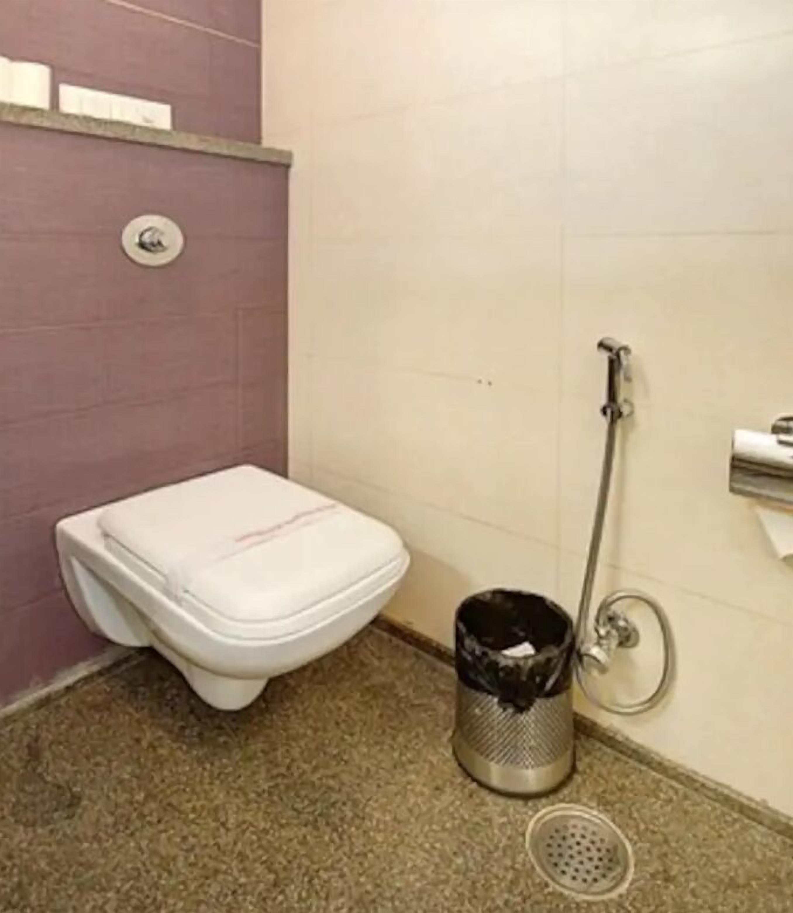Casa de banho com sanita branca, um contentor de lixo e um chuveiro.