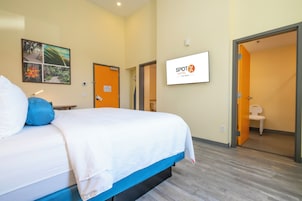 Quarto de hotel com cama, televisão e porta para um banheiro.