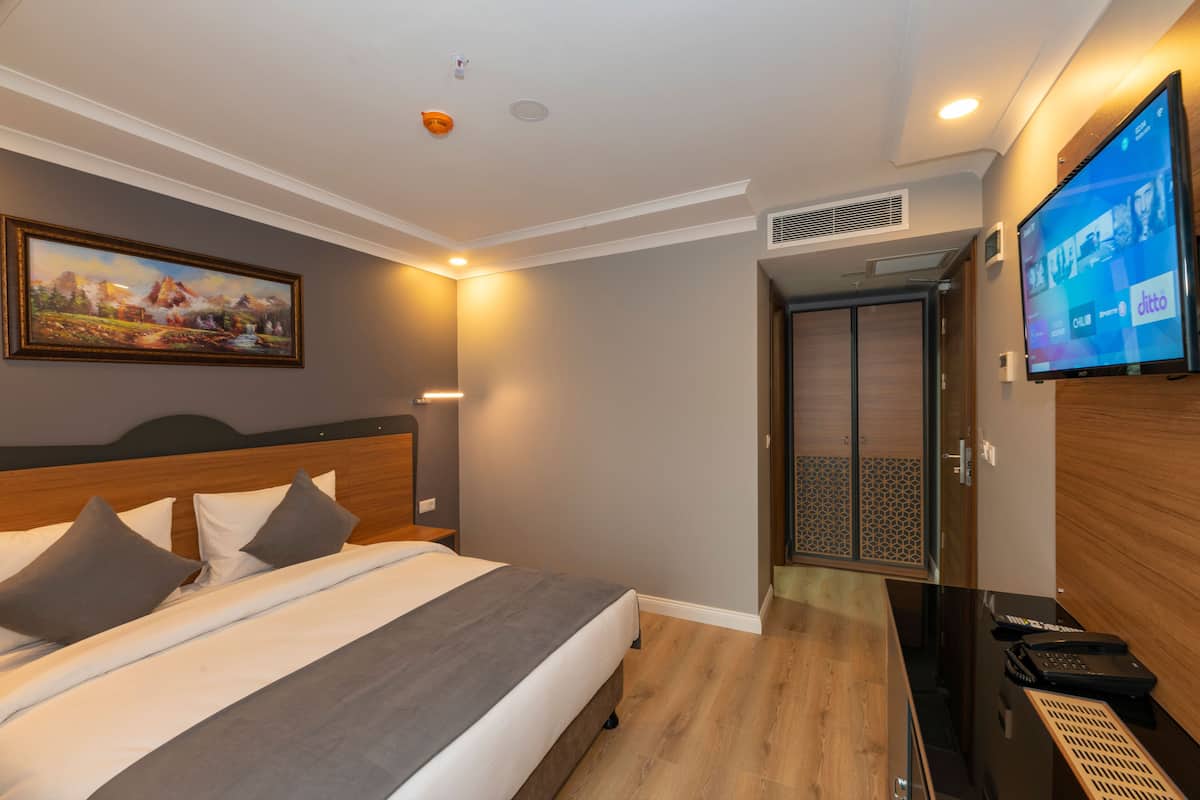 Quarto de hotel com cama, televisão, um quadro e porta para o banheiro.