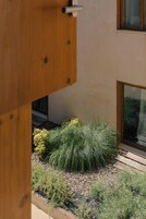 Uma porta de madeira com puxador de metal, uma janela com vista para um jardim e um pequeno trecho de grama e plantas.