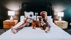 Uma pessoa deitada na cama com um cão, lendo um livro, num quarto com duas mesas de cabeceira, cada uma com uma lâmpada e uma pequena garrafa.