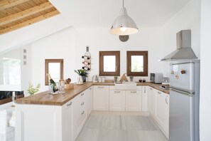 Villa Deluxe | Cozinha privada | Um frigorífico/congelador grande, um micro-ondas 