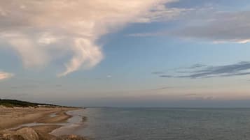 Uma praia com céu claro e mar calmo.