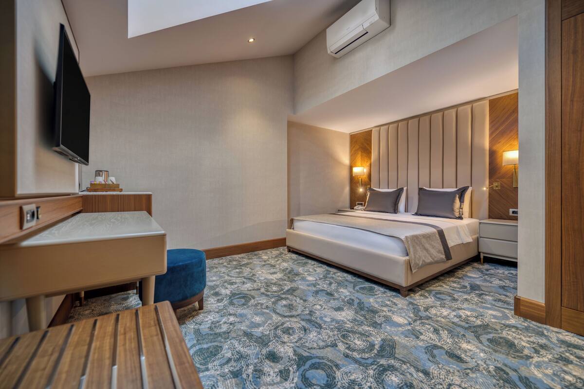 Quarto de hotel com cama, mesa de cabeceira, televisão e carpete estampado.