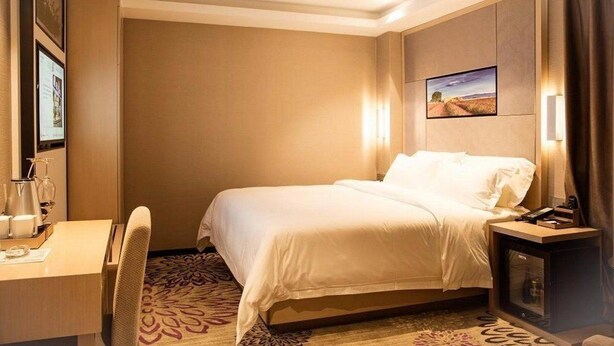 Quarto de hotel com cama, escrivaninha, cadeira, televisão e quadro na parede.