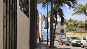 Uma rua estreita com carros estacionados e palmeiras.