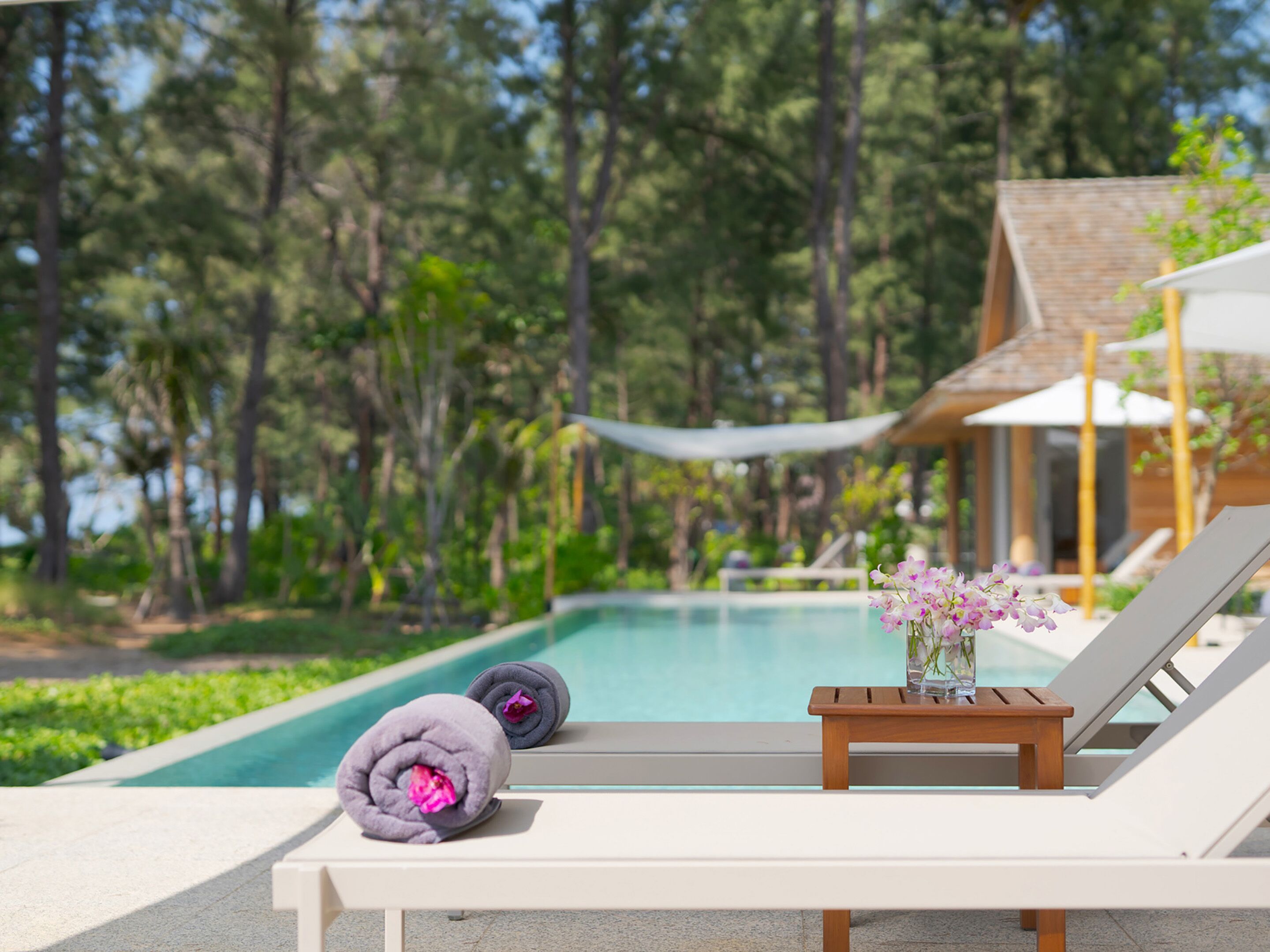 Área da piscina com espreguiçadeiras, uma mesa de madeira com um vaso de flores e uma rede.