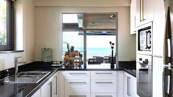 Um frigorífico/congelador grande, um micro-ondas, um forno