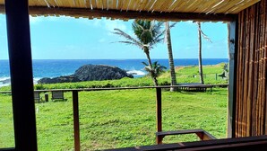Vista da janela com área gramada, palmeiras e um afloramento rochoso à beira-mar.