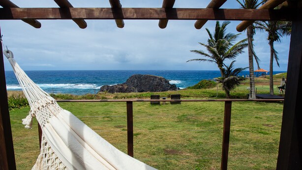 Uma rede em um deck de madeira com vista para uma área gramada, palmeiras e o oceano.