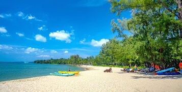 Uma praia privada, espreguiçadeiras, guarda-sóis de praia 