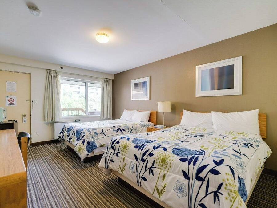 Quarto de hotel com duas camas, uma escrivaninha, uma cadeira, uma janela com cortinas e uma porta.