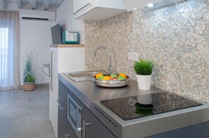Apartamento, 2 quartos, terraço | Cozinha privada | Um frigorífico/congelador grande, um micro-ondas, uma placa de cozinha