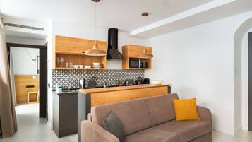 Souterrain One-Bedroom Apt with Sofa Bed | Cozinha privada | Um frigorífico, um micro-ondas, uma placa de cozinha