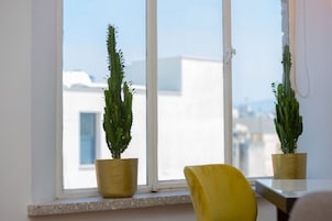 Uma janela com dois cactos em vasos numa soleira, uma cadeira amarela e um edifício branco ao fundo.