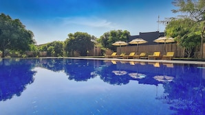Piscina clara com espreguiçadeiras e guarda-sóis, cercada por árvores e um edifício.
