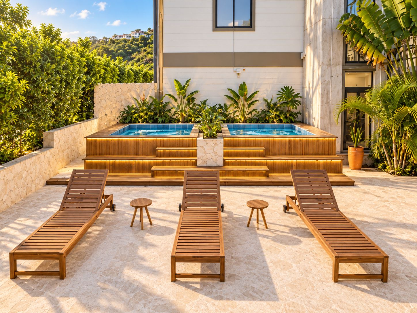 Área de piscina com espreguiçadeiras de madeira e uma banheira de hidromassagem, cercada por vegetação e um muro de pedra.