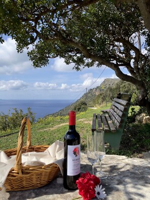 Uma garrafa de vinho, um copo e uma cesta de vime sobre uma mesa de pedra sob uma árvore, com vista panorâmica do mar e das colinas.