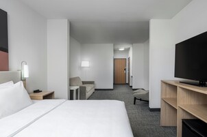 Quarto de hotel com uma cama, televisão, escrivaninha, cadeira e sofá.