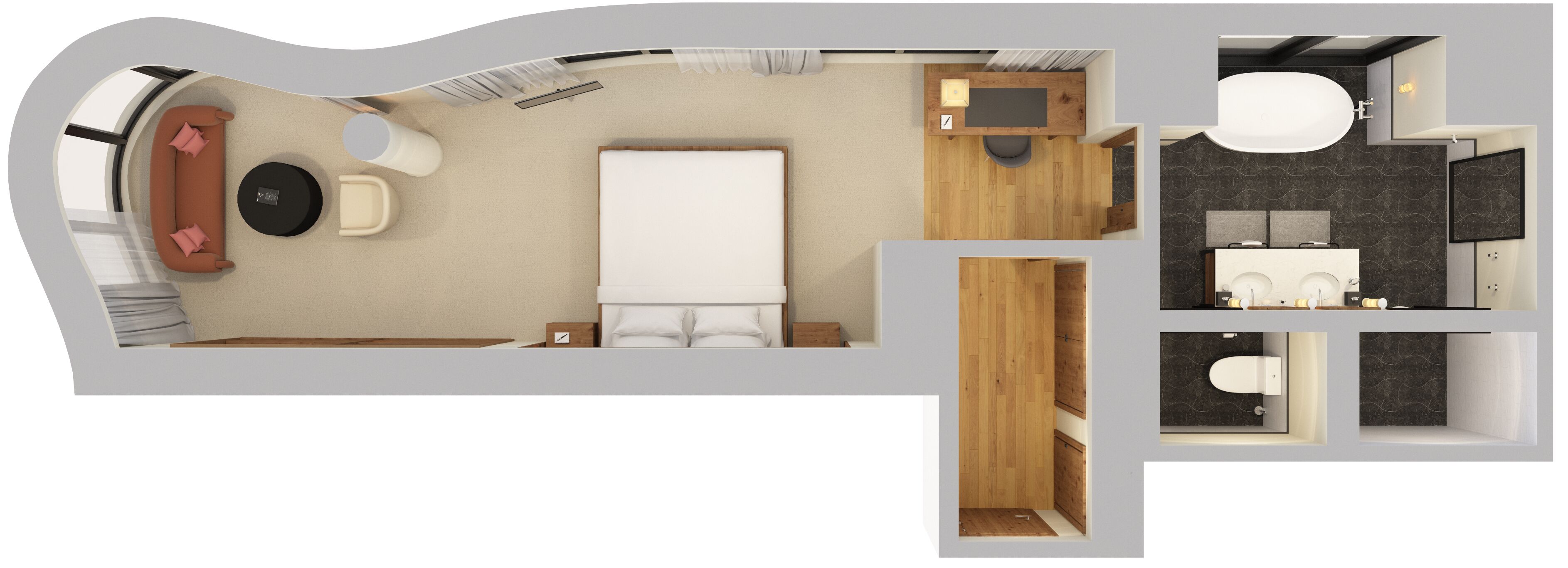 Planta de um quarto de hotel com cama, área de estar e banheiro separado.