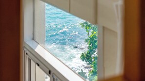 Janela com vista para o oceano e vegetação.