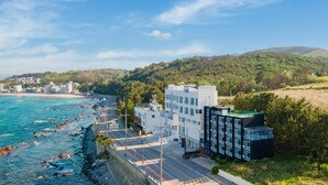Paisagem costeira urbana com um complexo de edifícios modernos à beira-mar, apresentando uma passarela para pedestres e vista para o oceano.