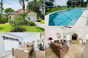 Uma casa com quintal, piscina, um quarto e uma sala de estar.