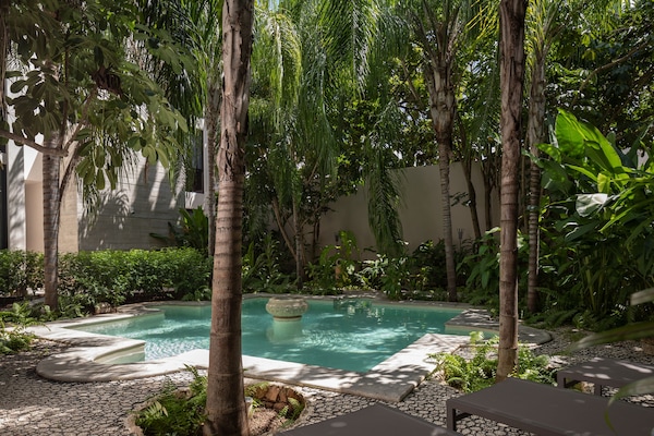 Piscina externa, funciona das 8h às 21h, espreguiçadeiras