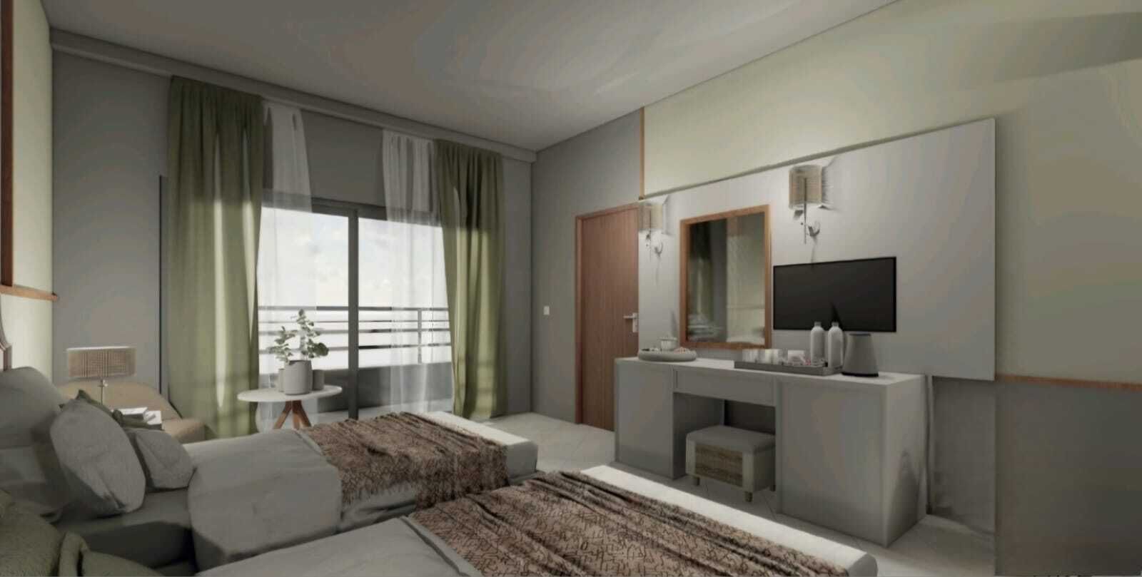 Quarto moderno com cama, televisão, escrivaninha e janela com cortinas.