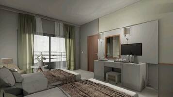 Quarto moderno com cama, televisão, escrivaninha e janela com cortinas.