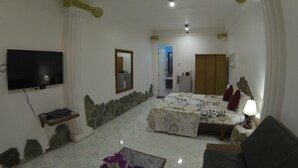 Quarto de hotel com uma cama, televisão, espelho, pequena mesa com um vaso de flores e um sofá.