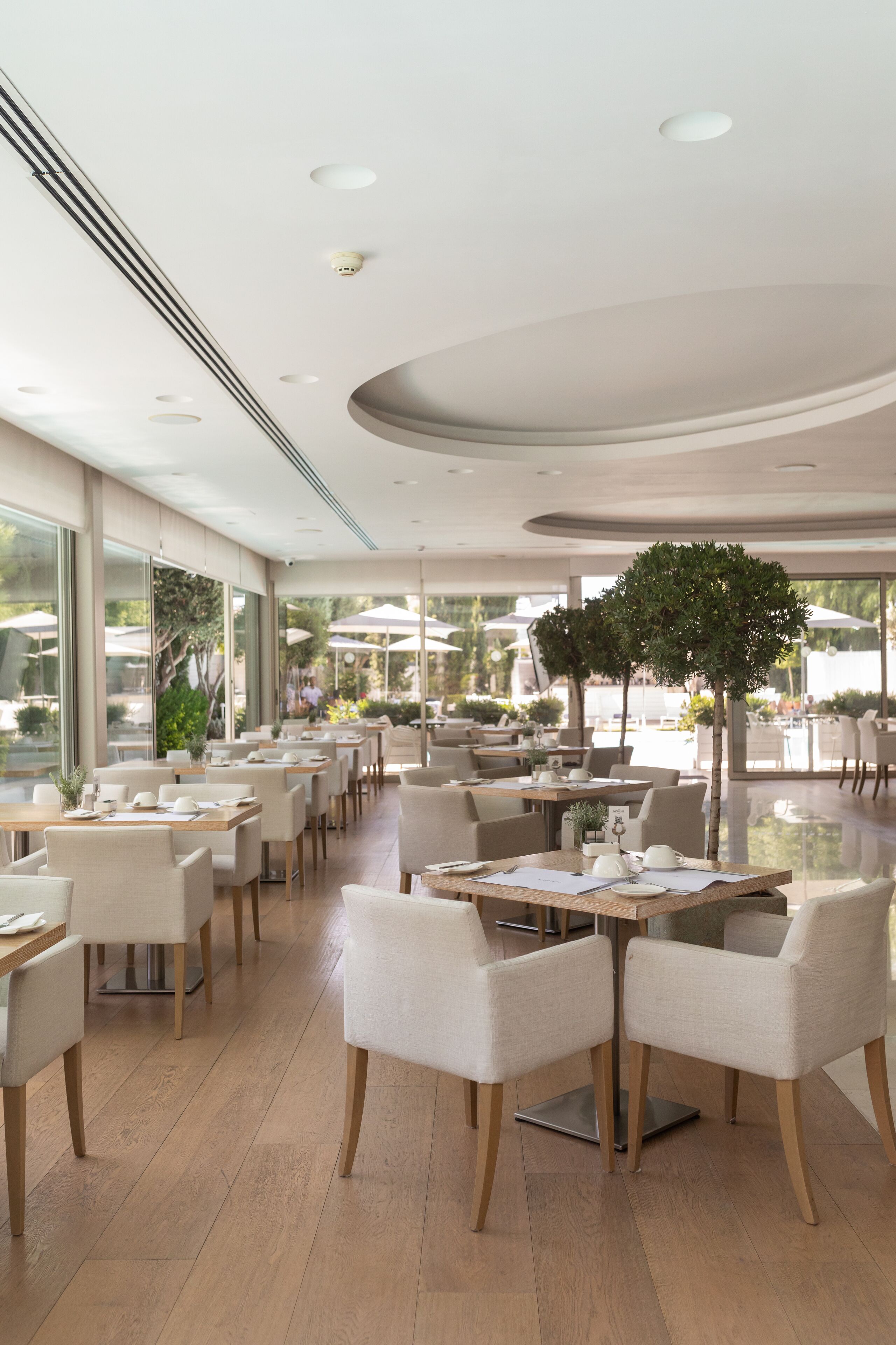 Um restaurante moderno com interior limpo e minimalista, com mesas e cadeiras de madeira, janelas amplas e uma árvore central.