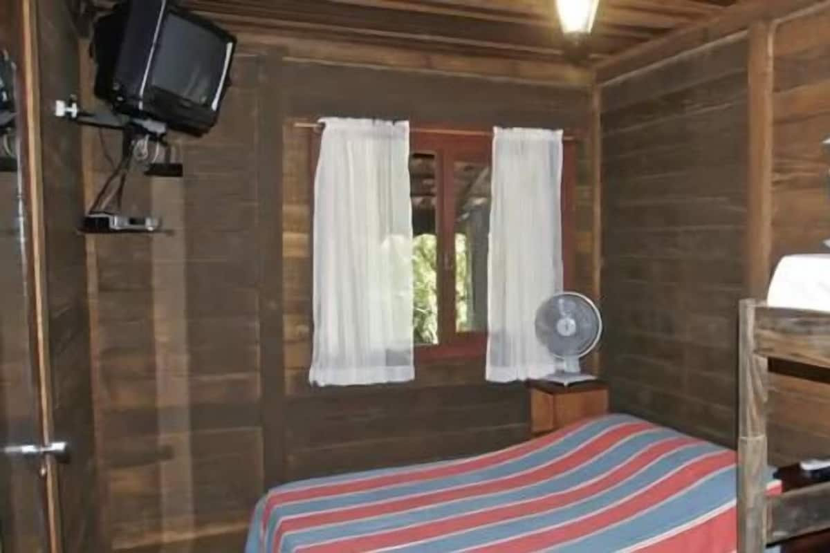 Quarto de cabana de madeira com beliche, televisão, ventoinha e janela com cortinas.