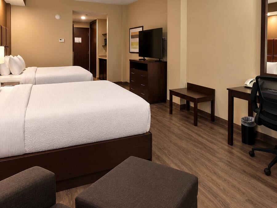 Quarto de hotel com duas camas, uma escrivaninha, uma cadeira, uma televisão e uma lixeira.